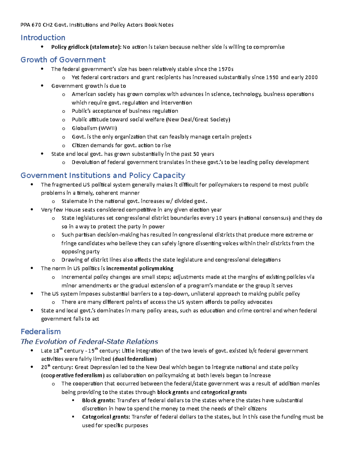 PPA 670 CH2 Govt Institutions and Policy Actors Book Notes - PPA 670 ...