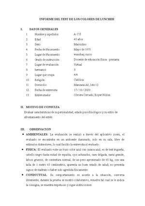 Modelo DE Informe DEL TEST DE Luscher - INFORME PROYECTIVO DEL TEST DEL ...