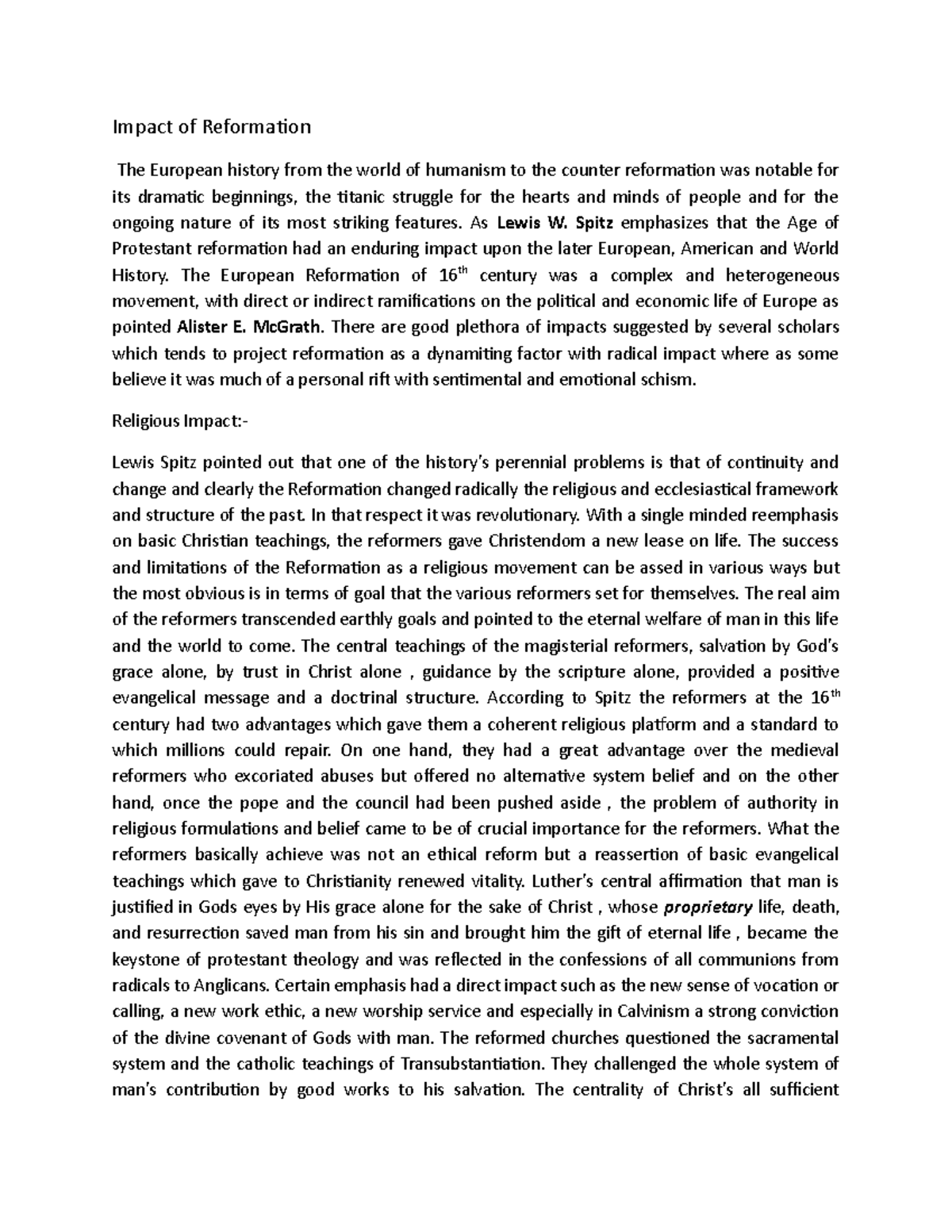 Impact of Reformation - As Lewis W. Spitz emphasizes that the Age of ...
