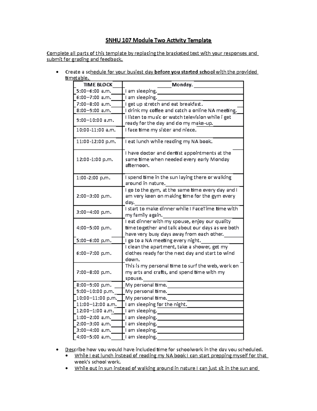 MOD 2 Final - MODLE TWO SCHEDULING - SNHU 107 Module Two Activity ...