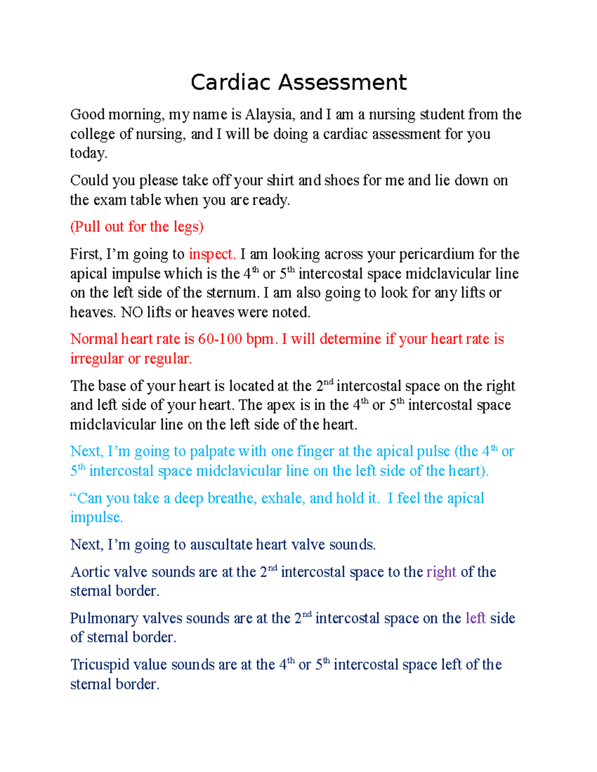 Cardiac check off - Cardiac Assessment Good morning, my name is Alaysia ...