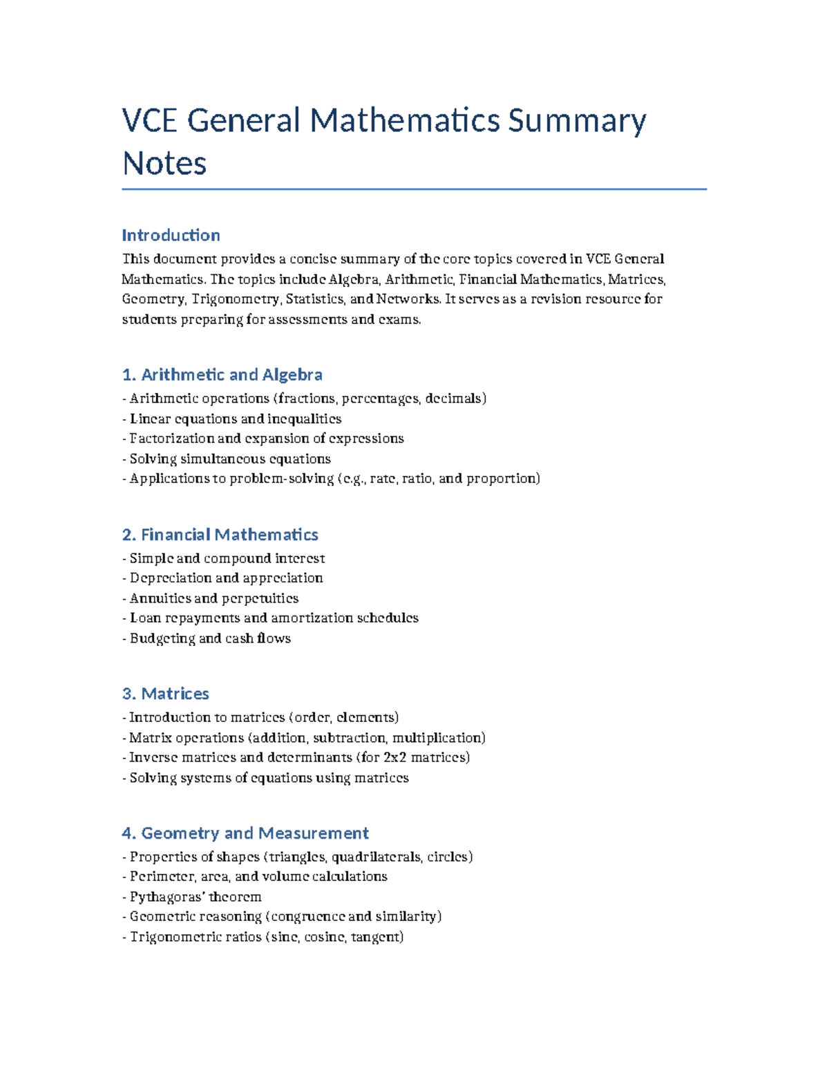 General Mathematics Summary Notes - VCE General Mathematics Summary ...