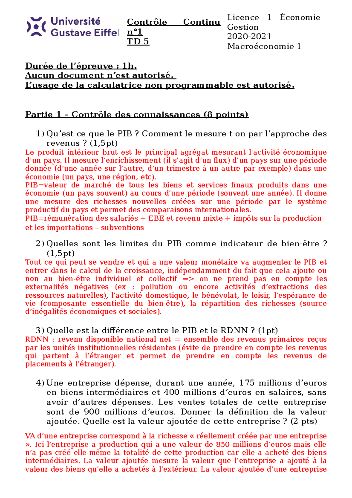 CC1 n°5 macroéconomie - Contrôle Continu n° TD 5 Licence 1 Économie Gestion 2020- Macroéconomie ...