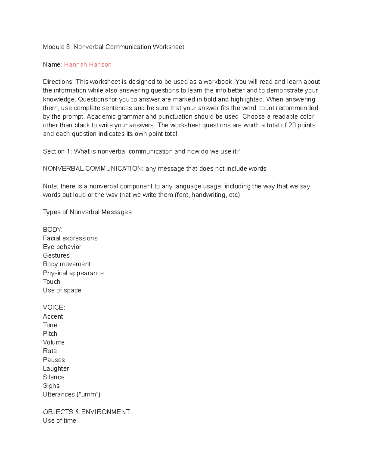 Module 6 Nonverbal Communication Worksheet - Module 6: Nonverbal ...
