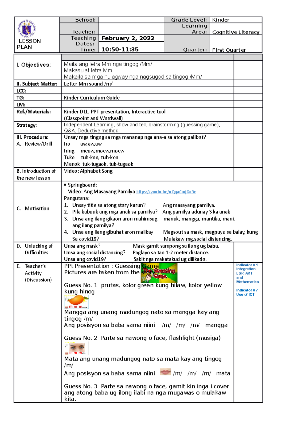 DLL-Letter Sound Mm - Learning Material DLL - LESSON PLAN School: Grade ...