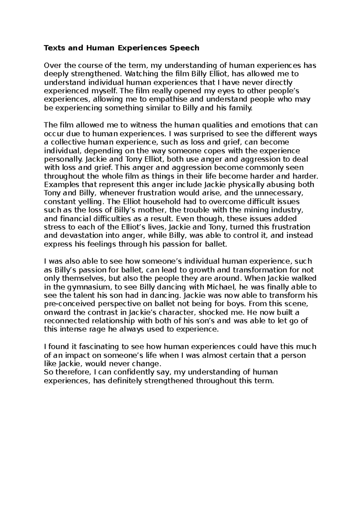 Texts and Human Experiences Speech - Studocu