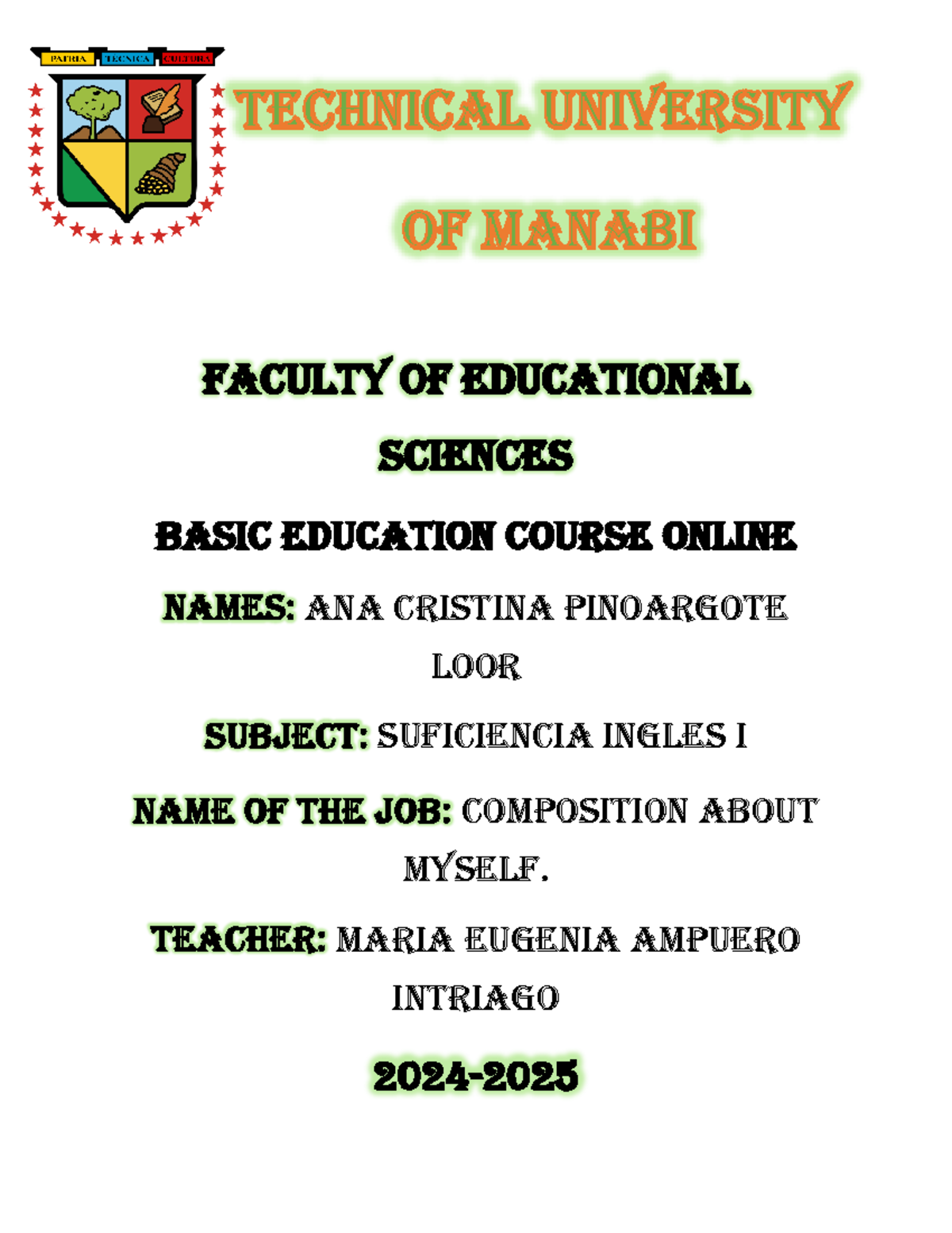 Composition About Myself - Inglés Elemental - FACULTY OF EDUCATIONAL ...