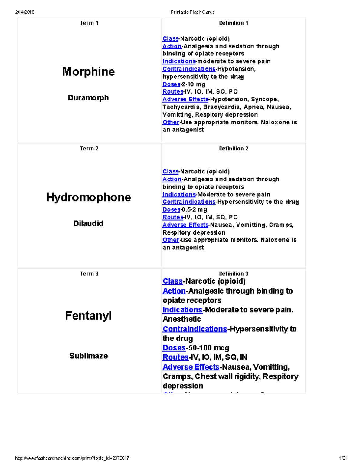 Pharm Cards - Term 1 Morphine Duramorph Definition 1 Class-Narcotic ...