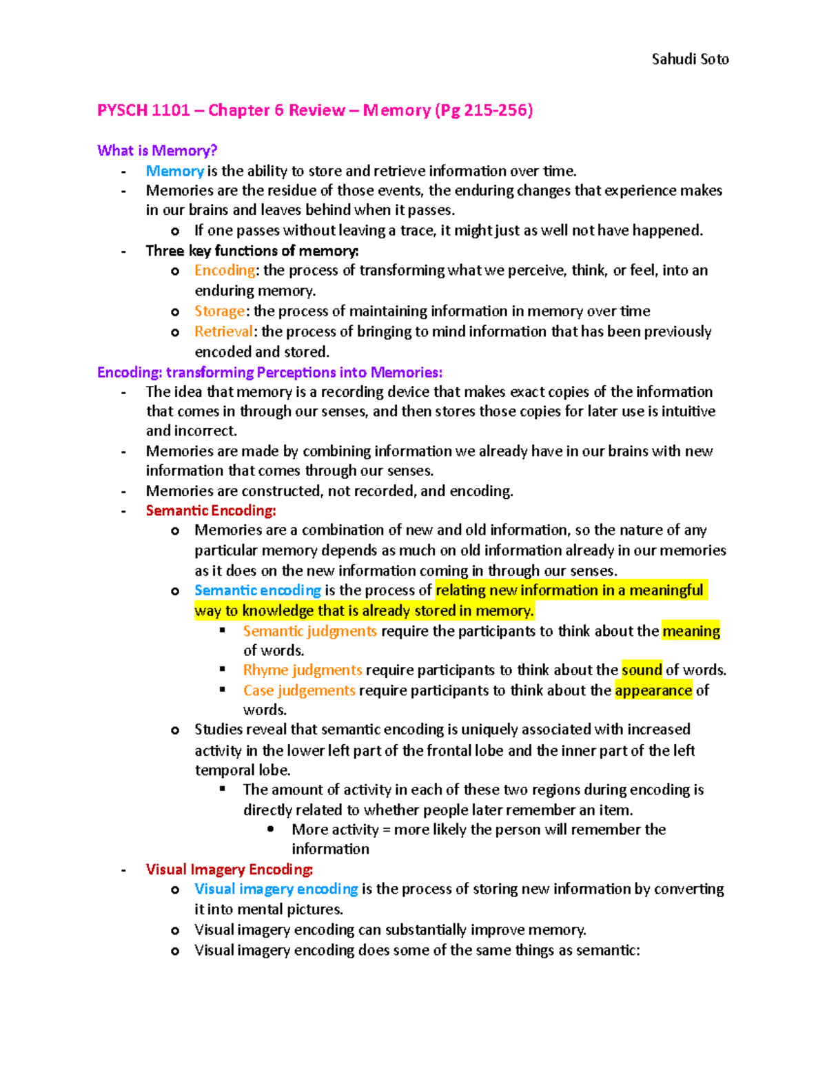 Chapter 6 Review - PYSCH 1101 – Chapter 6 Review – Memory (Pg 215-256) What is Memory? - Memory ...