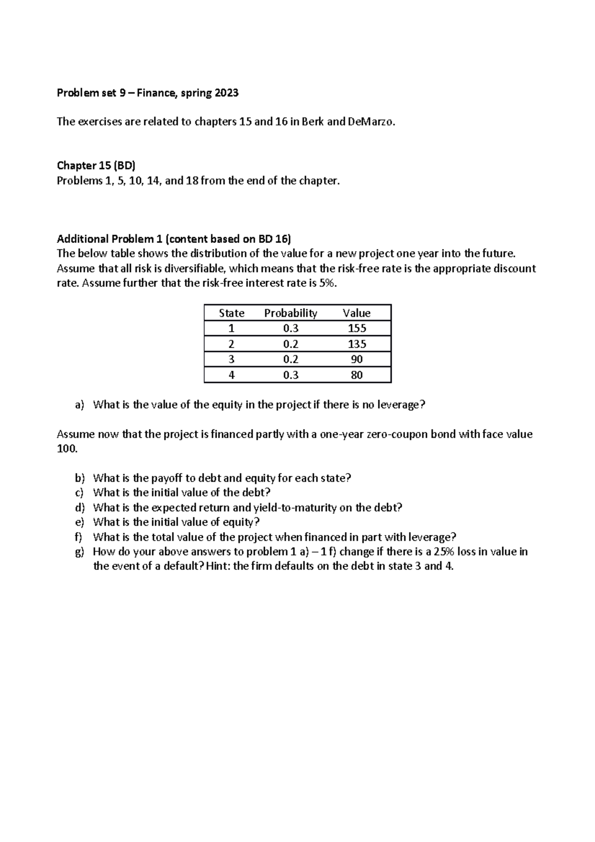 Problem set 9 - Chapter 15 (BD) Problems 1, 5, 10, 14, and 18 from the ...