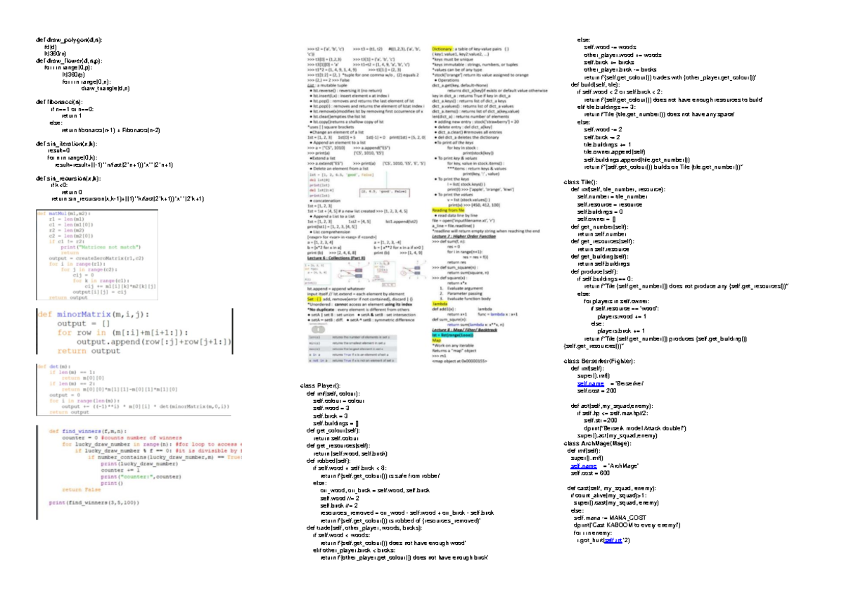 CS1010E PE2 cheatsheet - def draw_polygon(d,n): fd(d) lt(360/n) def draw_flower(d,n,p): for i in ...