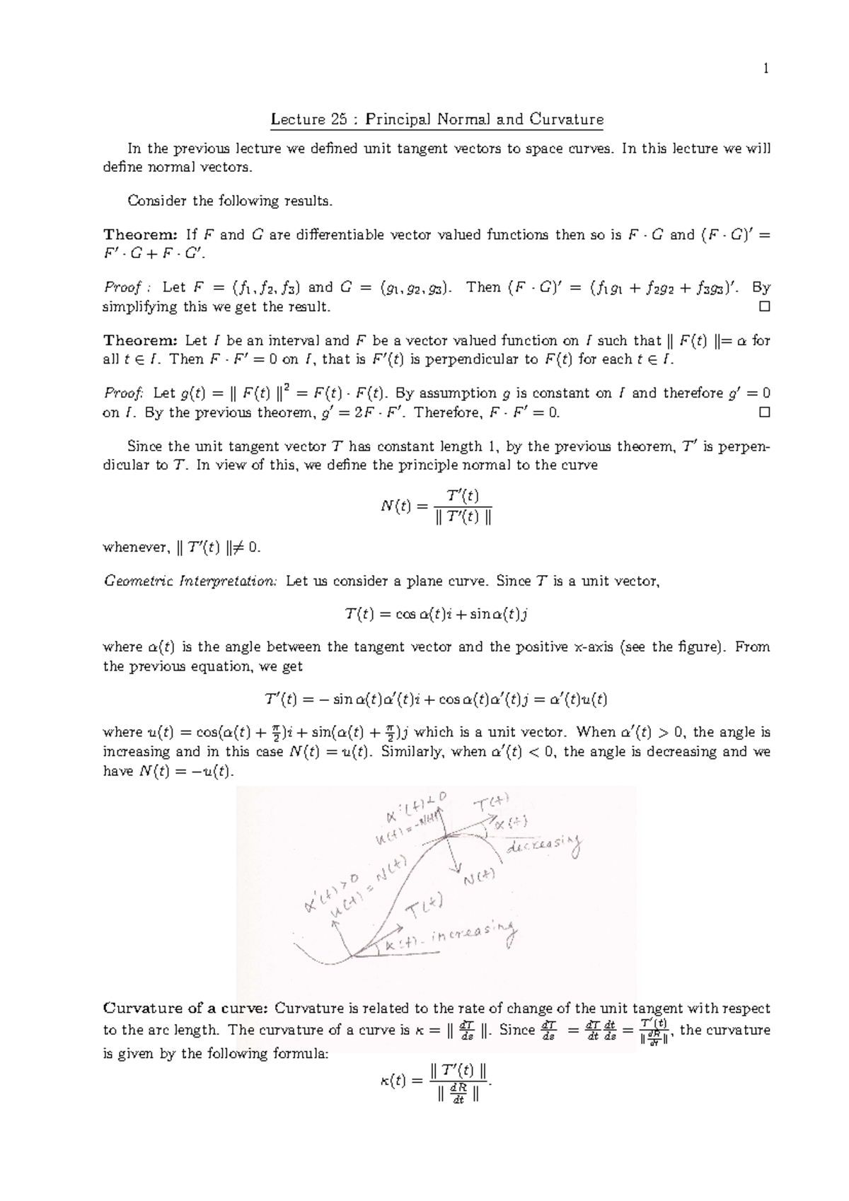 Lecture 25 - 1 Lecture 25 : Principal Normal and Curvature In the ...