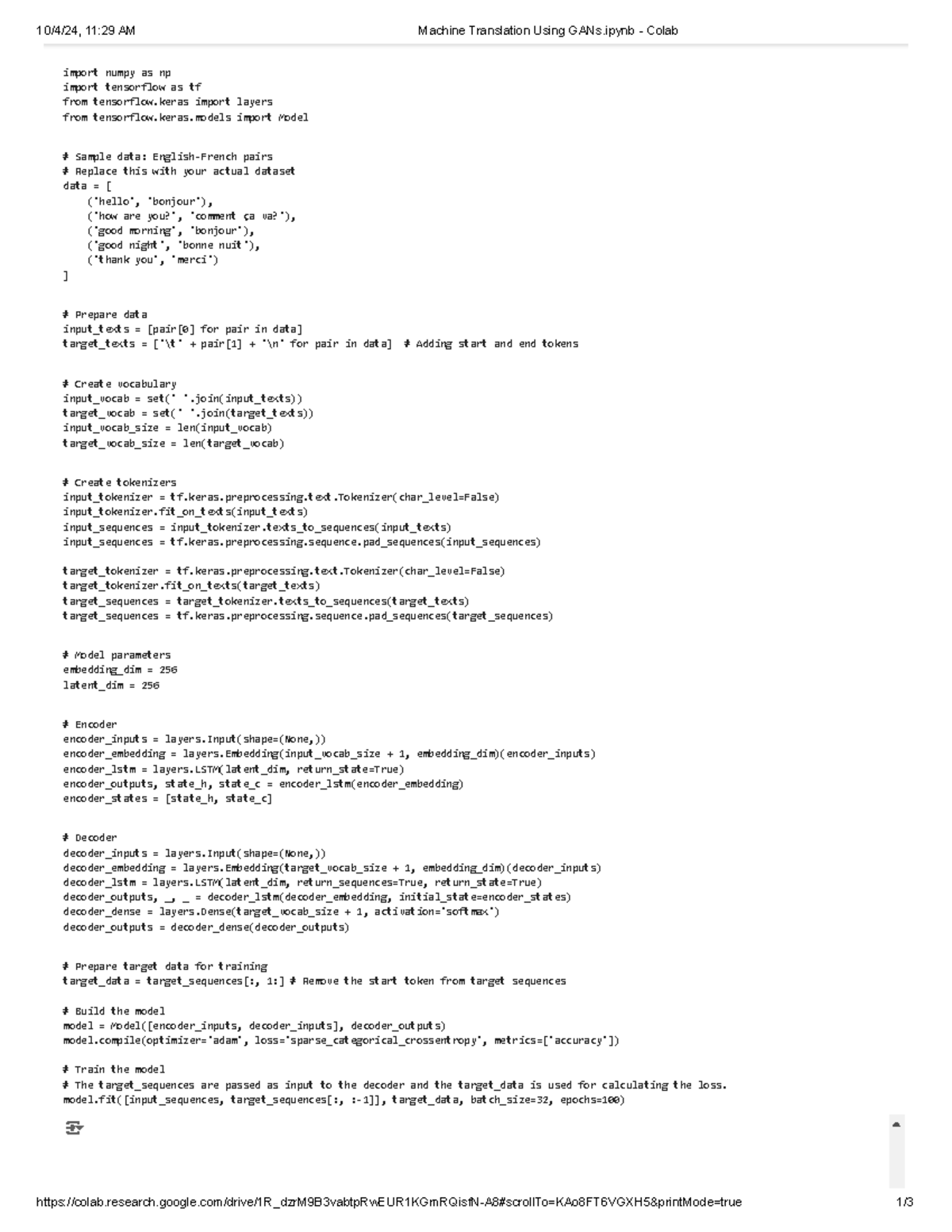Machine Translation Using GANs.ipynb - Colab - import numpy as np ...