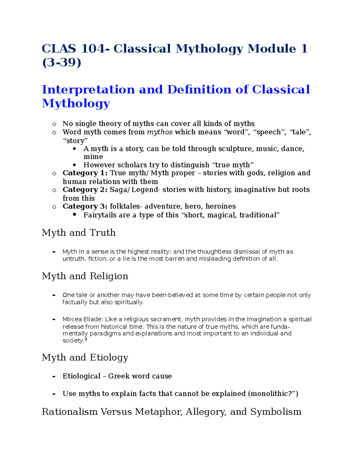 CLAS 104- Module 1 - CLAS 111 Notes - CLAS 104- Classical Mythology ...