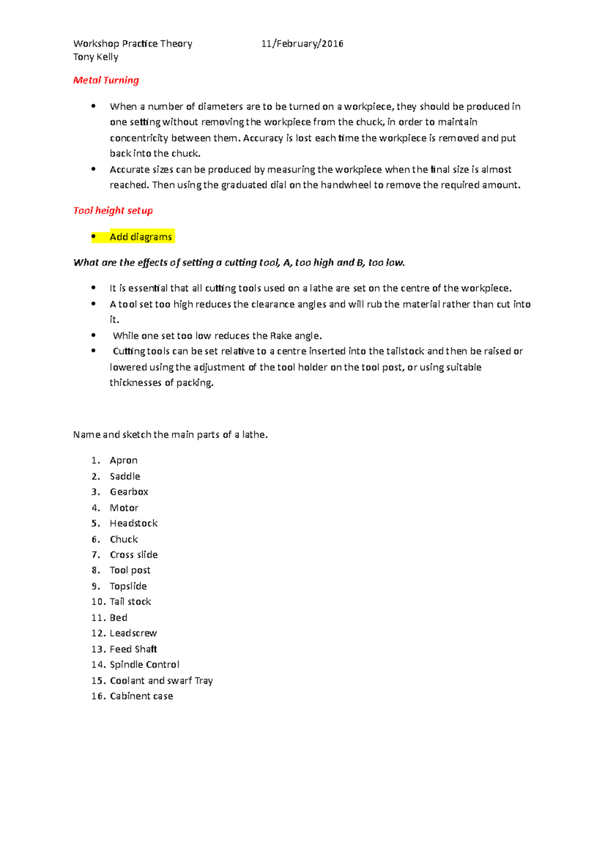 Metal Turning - Detailed notes from Lecturer Tony Kelly which include ...