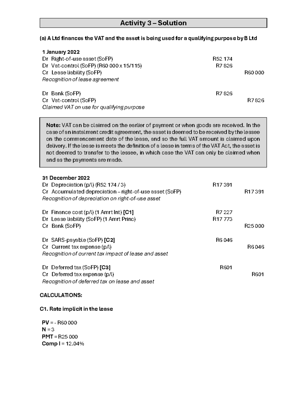 Leases Activity 3 - solution - (a) A Ltd finances the VAT and the asset ...