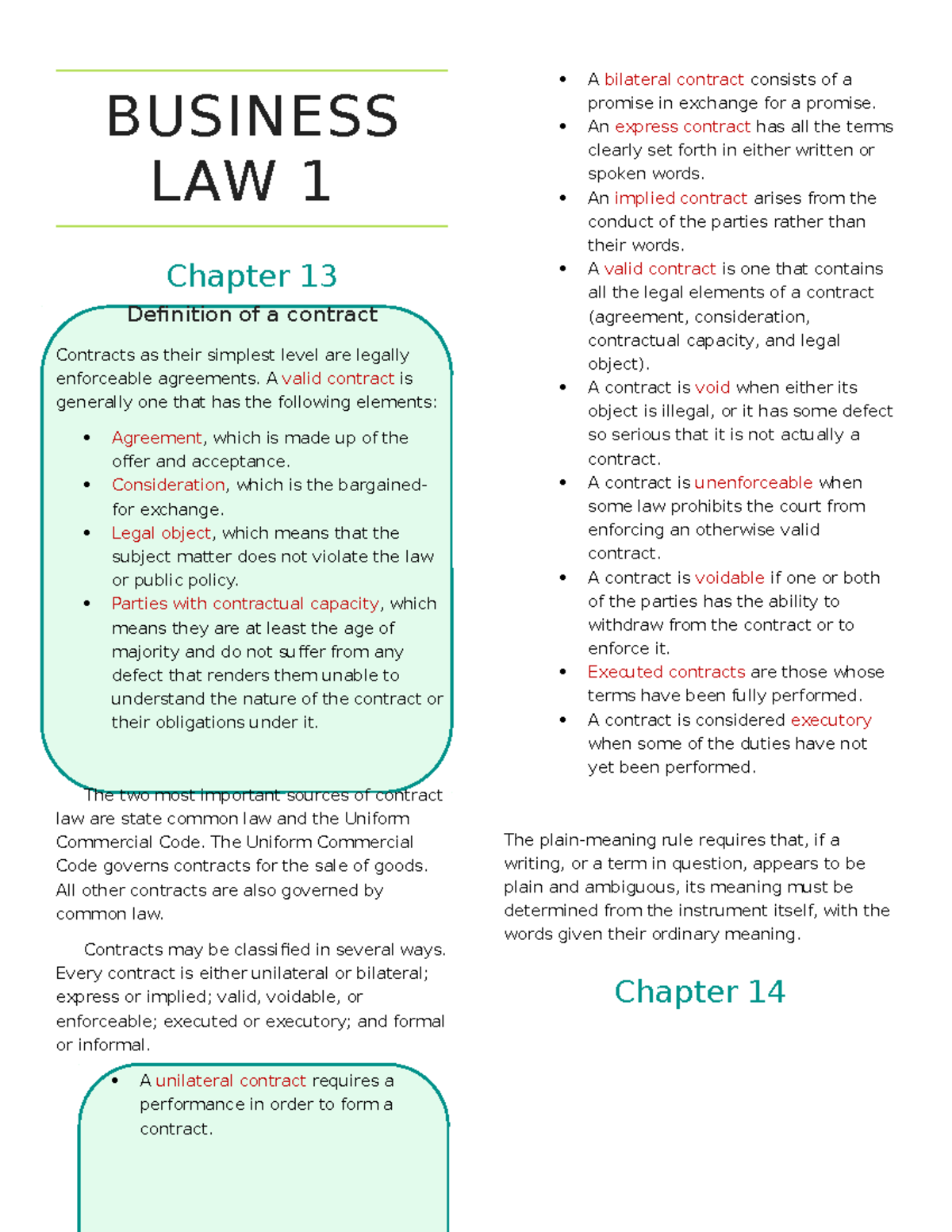 Business Law 1 - Got an A - BUSINESS LAW 1 Chapter 13 Definition of a ...