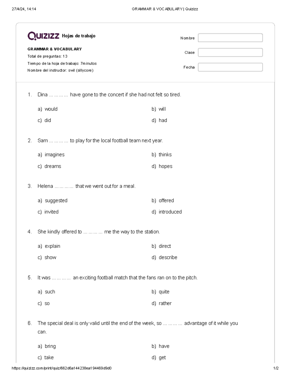 Grammar & Vocabulary Quizizz - Hojas de trabajo GRAMMAR & VOCABULARY ...