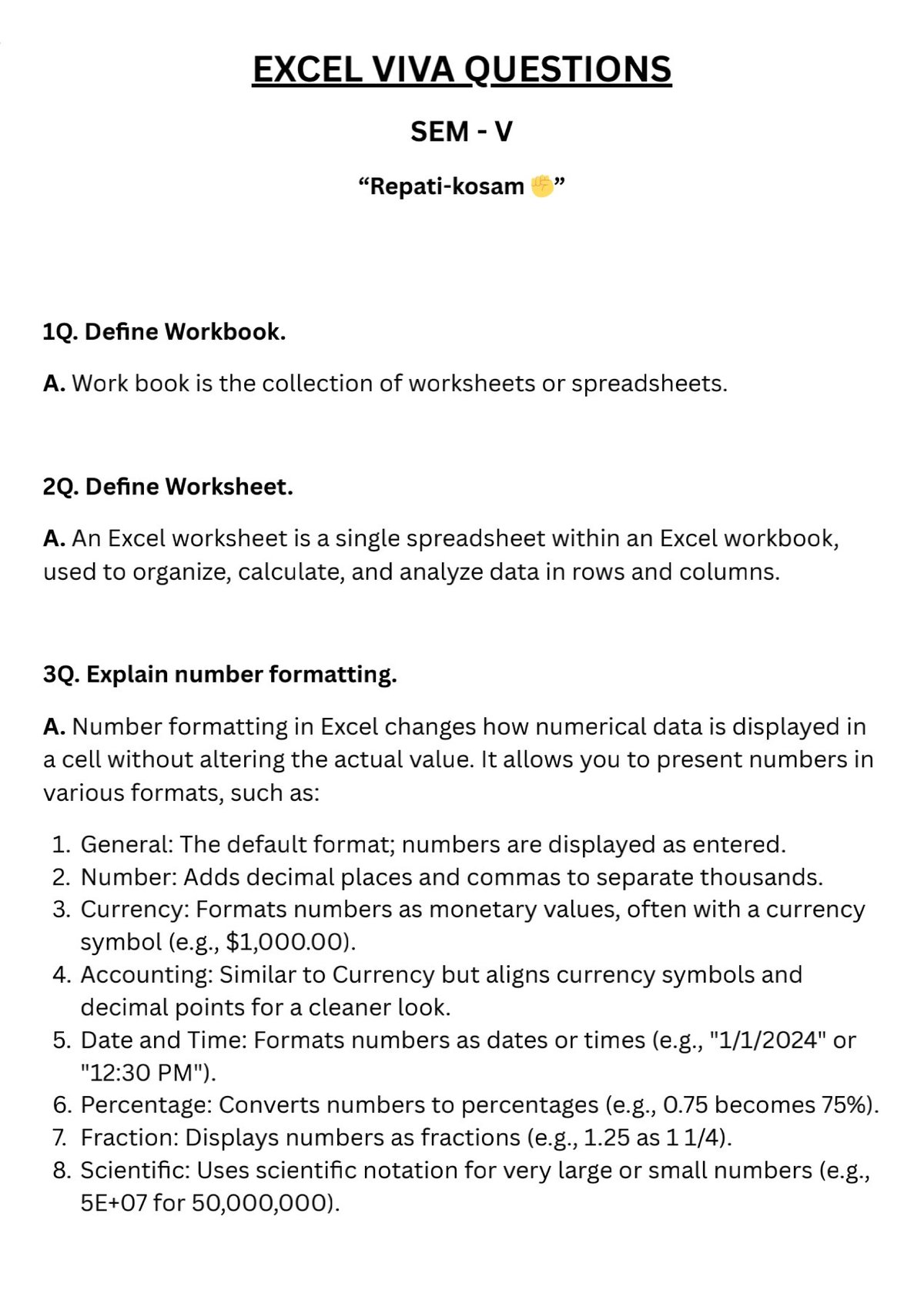 Excel VIVA Questions - EXCEL VIVA QUESTIONS SEM V 1Q. Define Workbook. A. Work book is the - Studocu
