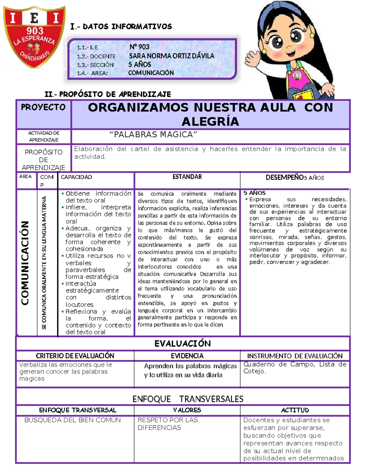 las palabras magica - I.- DATOS INFORMATIVOS ####### 1.- I. E N° 903 ####### 1.- DOCENTE SARA ...