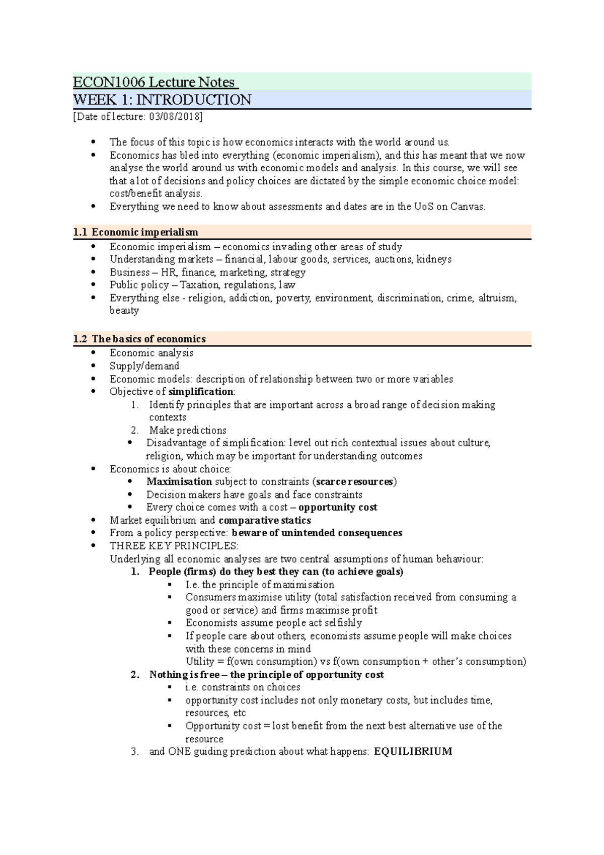 ECON1006 Lecture Notes - Economics has bled into everything (economic ...