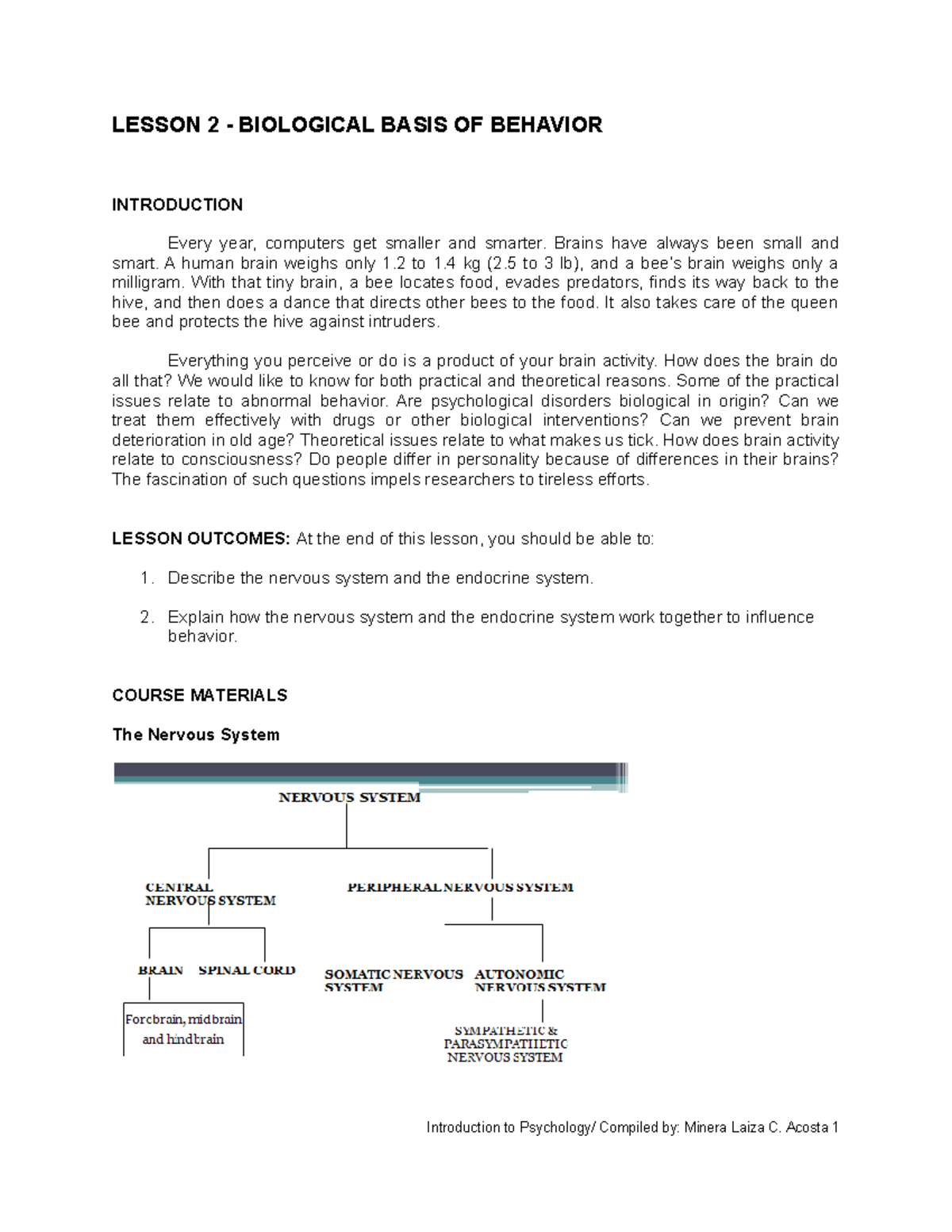 Lesson 2 Introduction TO Psychology - LESSON 2 - BIOLOGICAL BASIS OF ...
