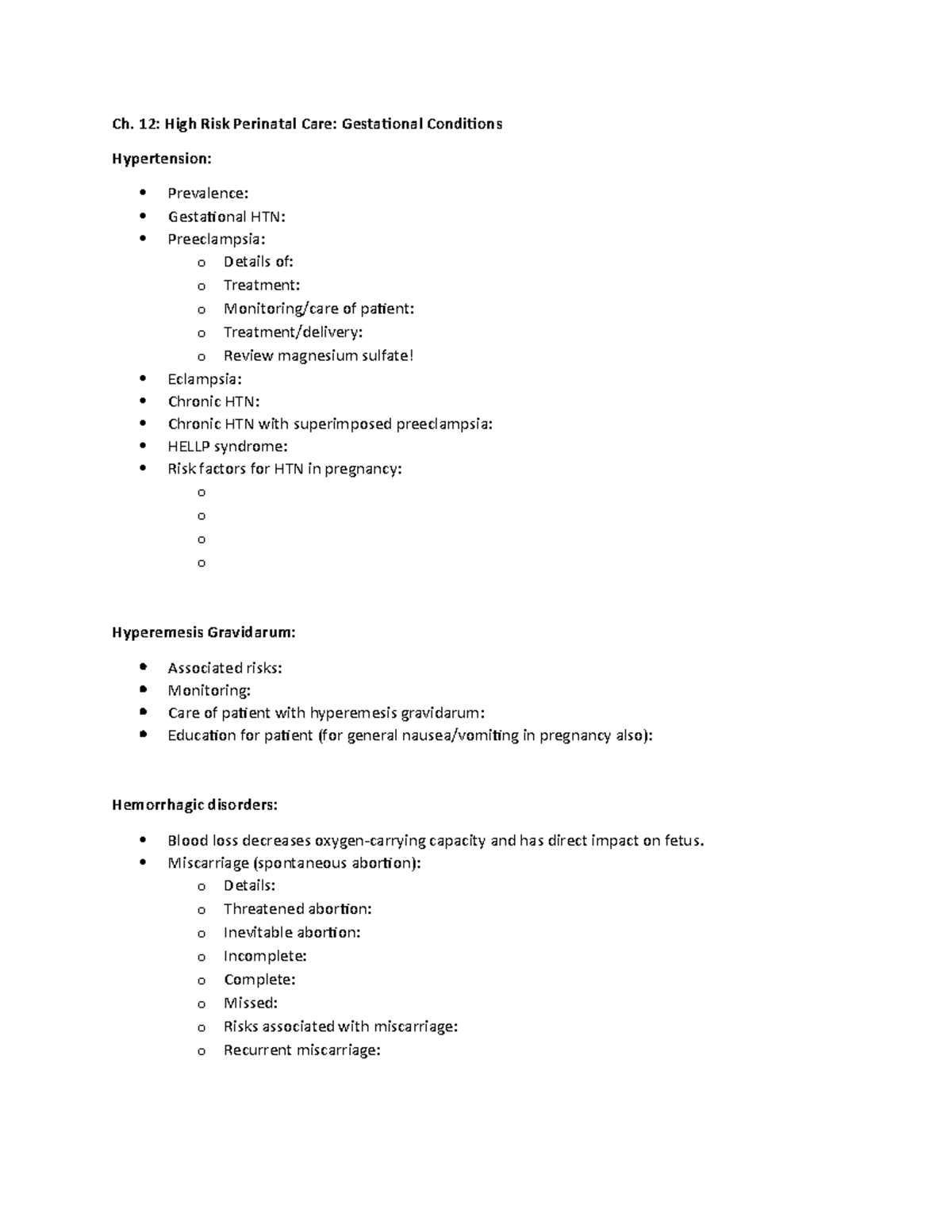 Ch 12 High Risk Perinatal Care Gestational Conditions - Ch. 12: High ...