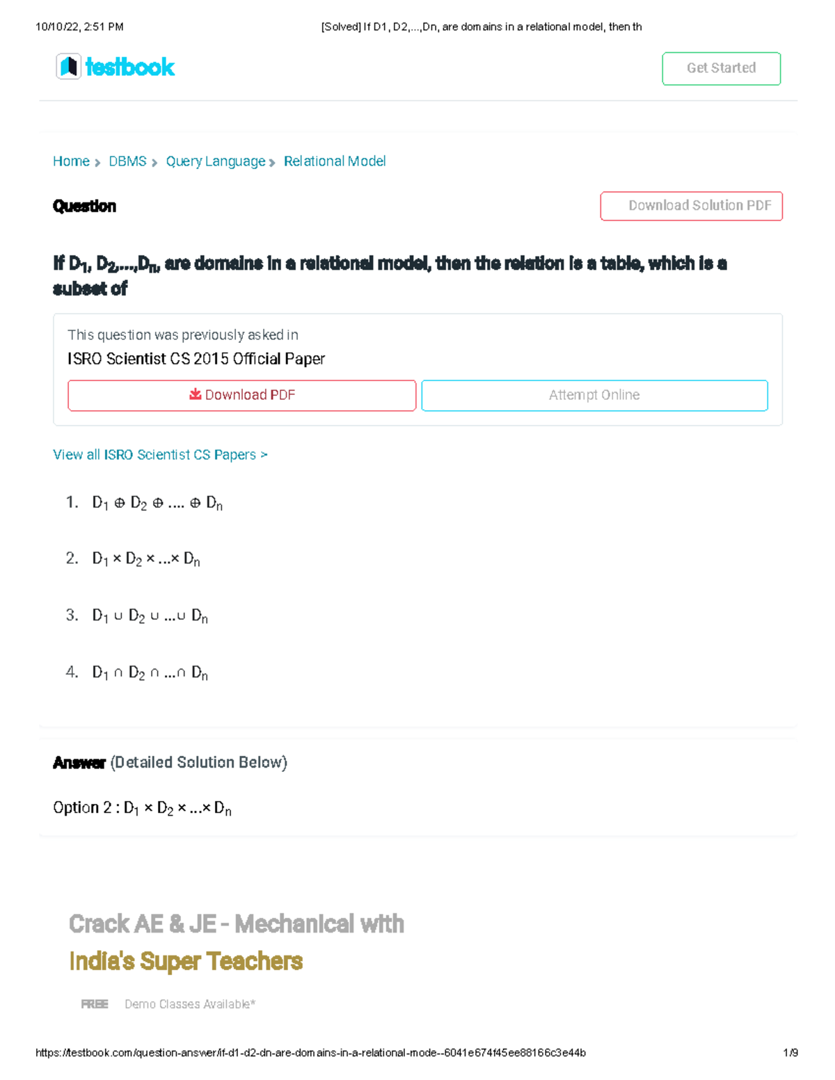 [Solved] If D1, D2,...,Dn, are domains in a relational model, then th - If D , D ,...,D , are ...