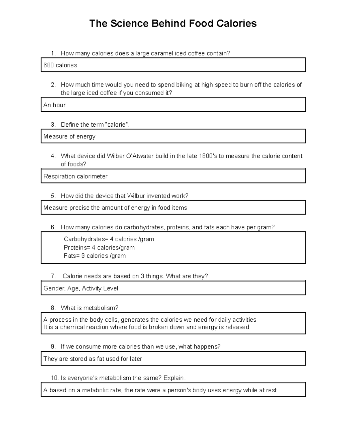 Copy of The Science Behind a Calorie Activity Questions - The Science ...