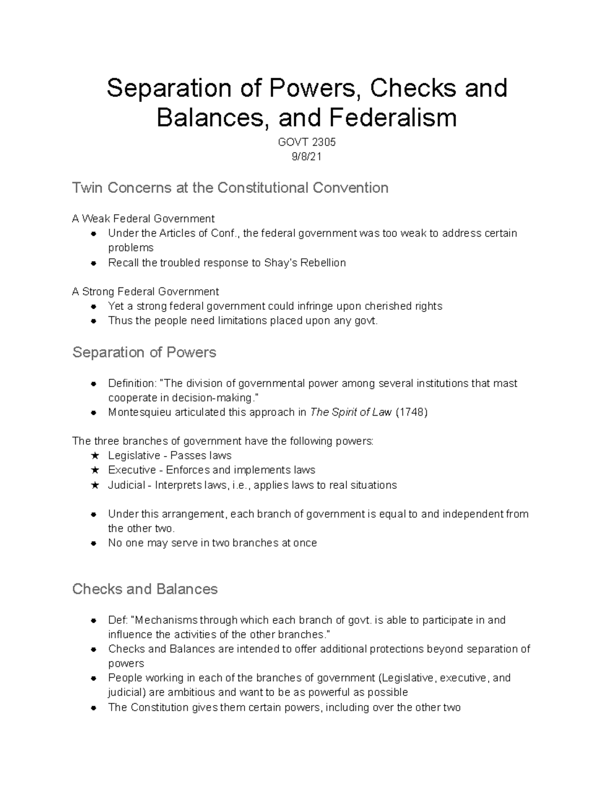 Federalism GOVT 2305 Lecture Notes - Separation of Powers, Checks and ...