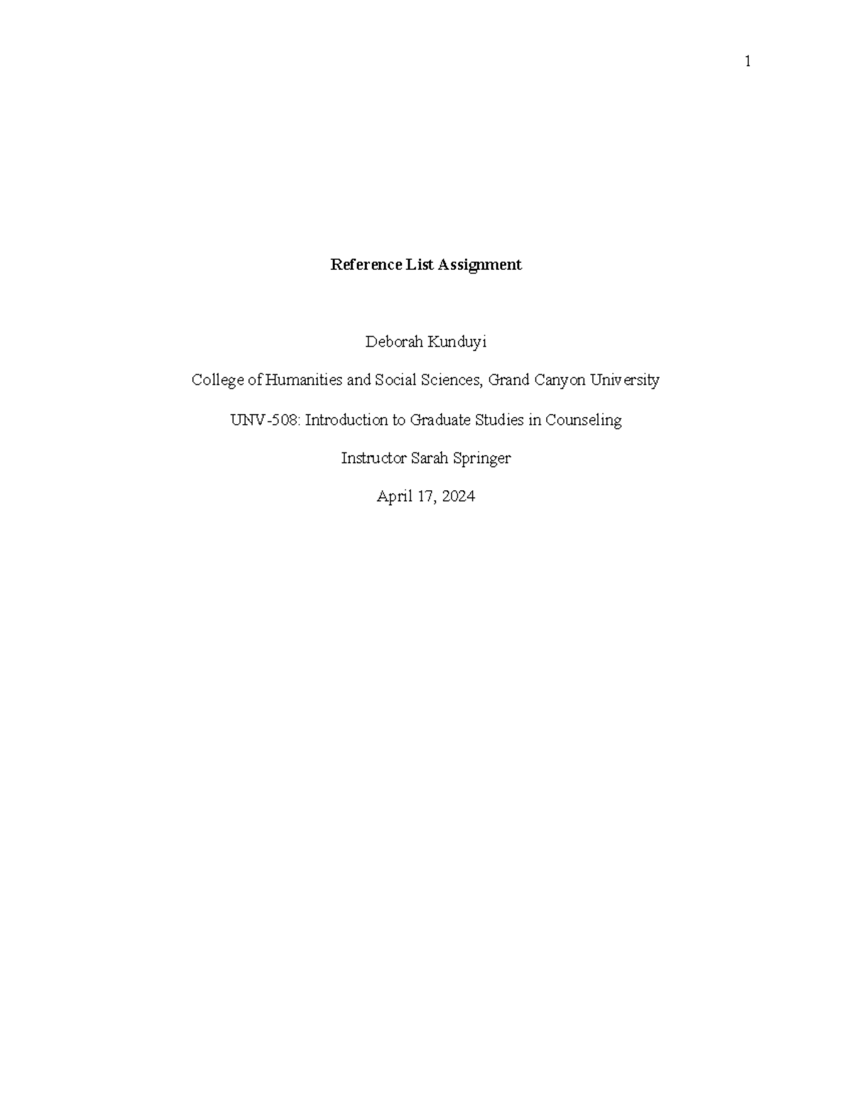 UNV-508 Reference LIST - 1 Reference List Assignment Deborah Kunduyi ...