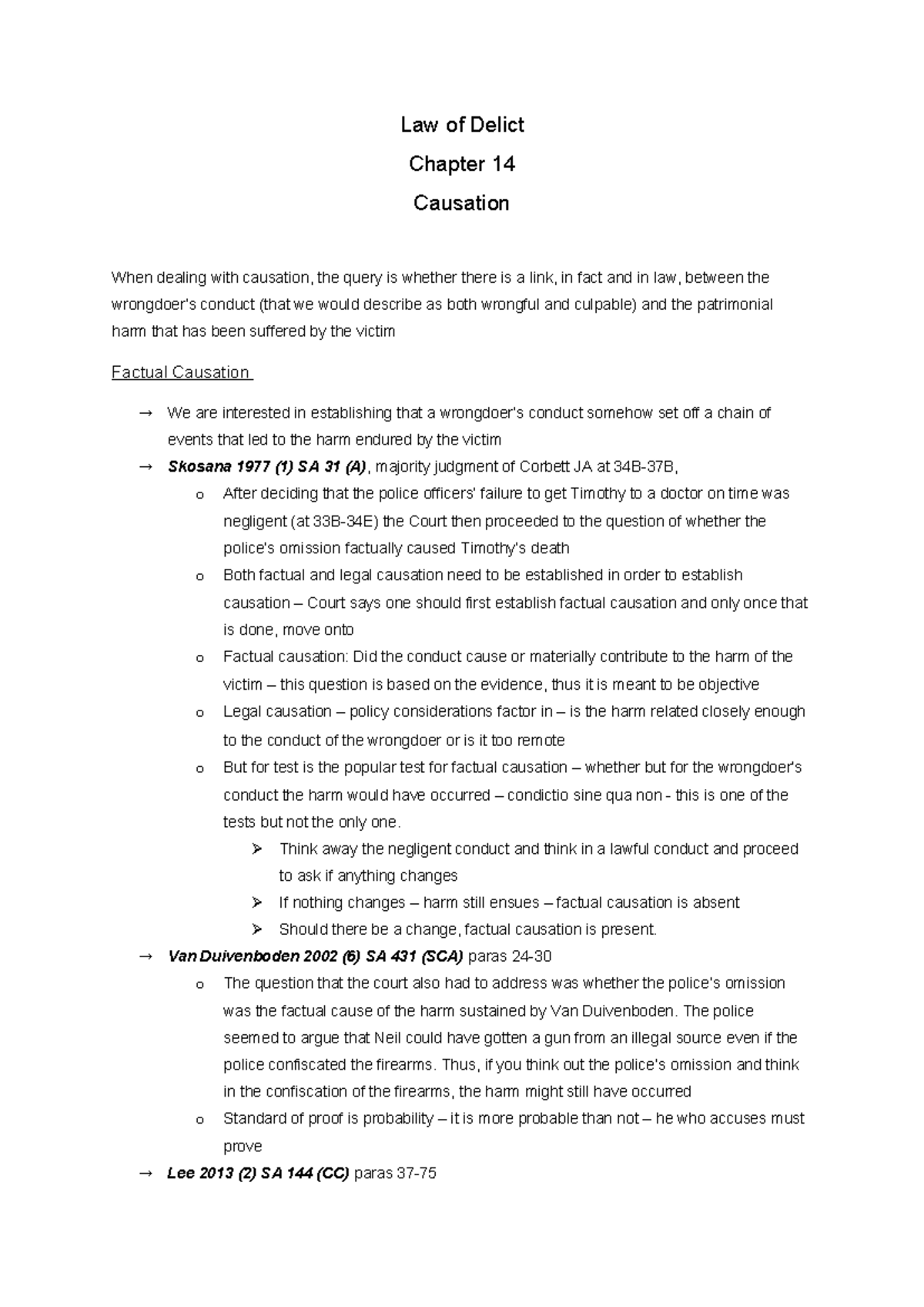 Causation Notes - Summary Criminal Law - Law of Delict Chapter 14 ...