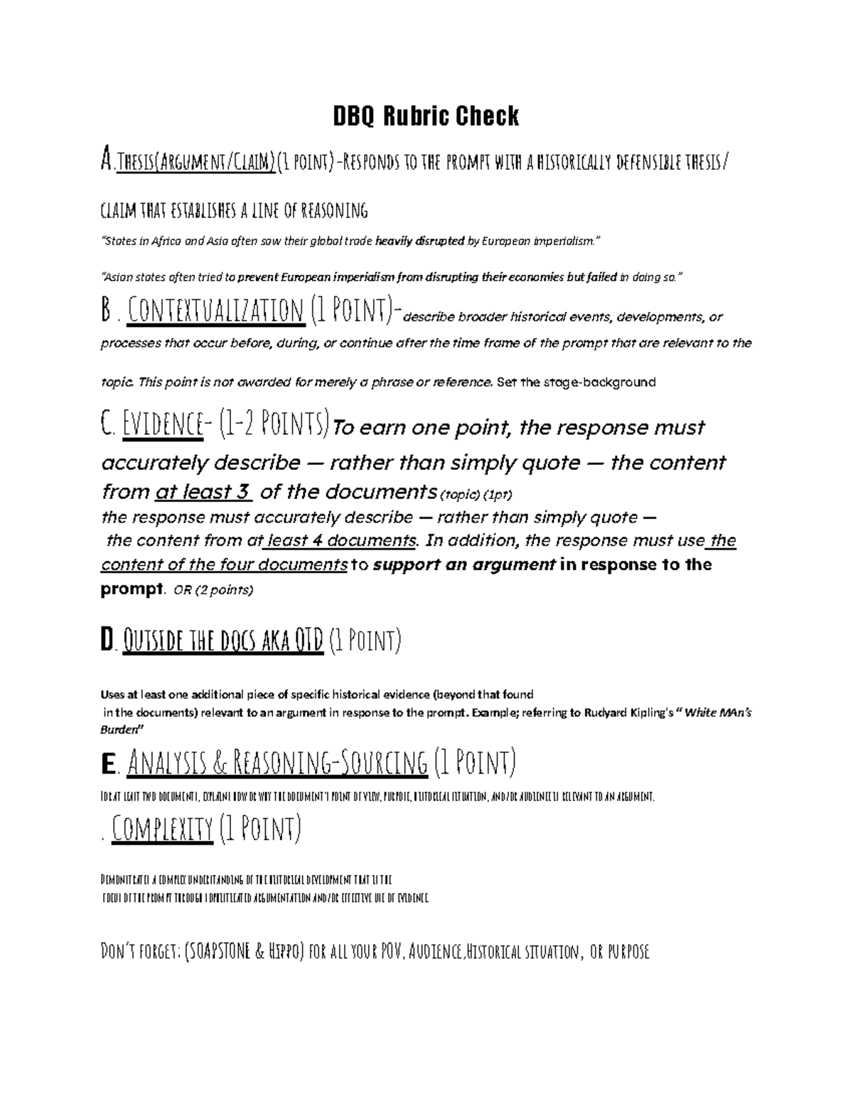 DBQ Rubric check 319 - DBQ - DBQ Rubric Check A(Argument/ClaiM)(1 point ...