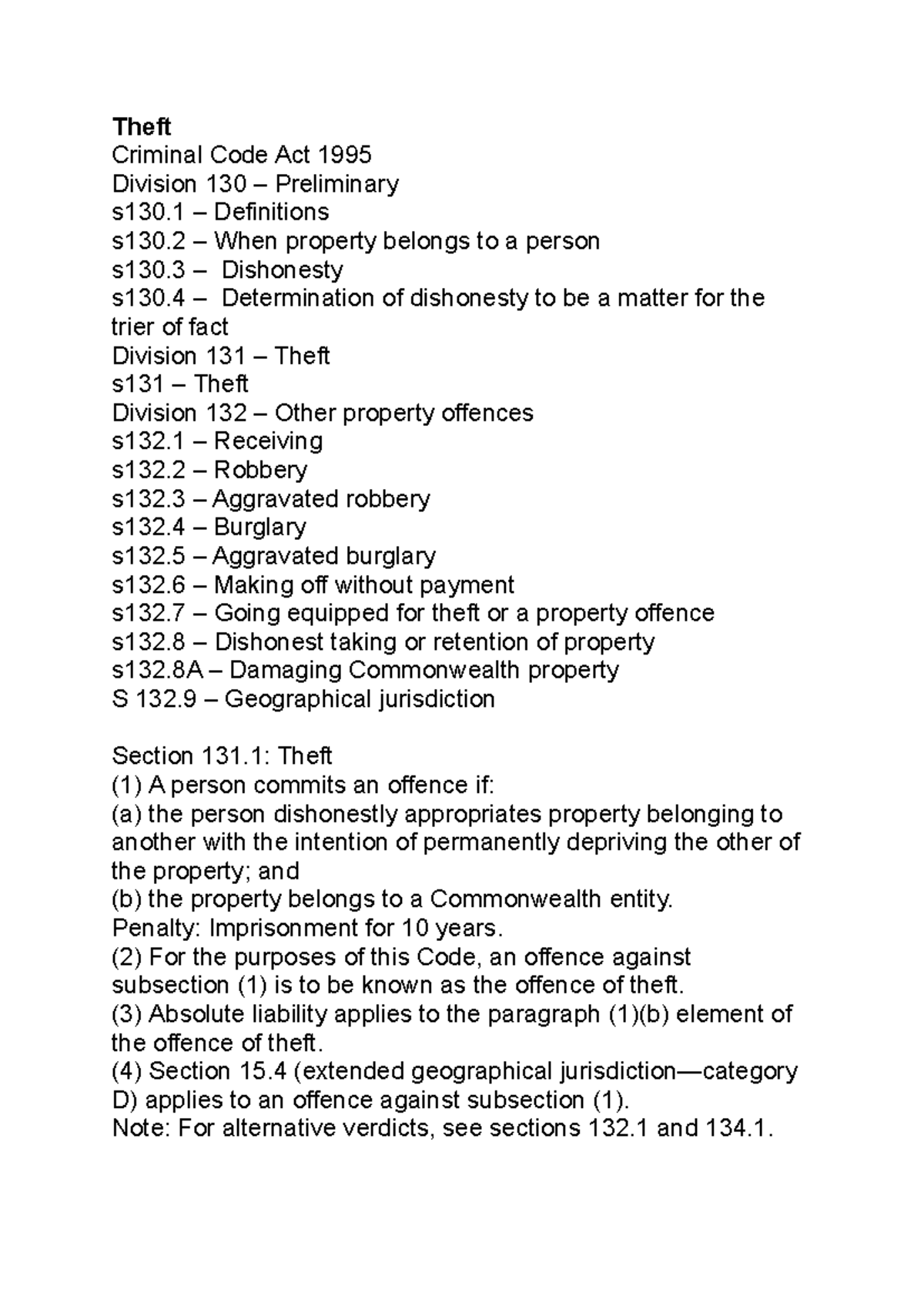 Theft Theft Criminal Code Act 1995 Division 130 Preliminary S130