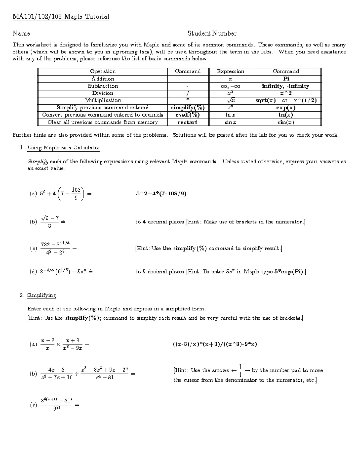 Maple Tutorial - MA101/102/103 Maple Tutorial Name: Student Number ...