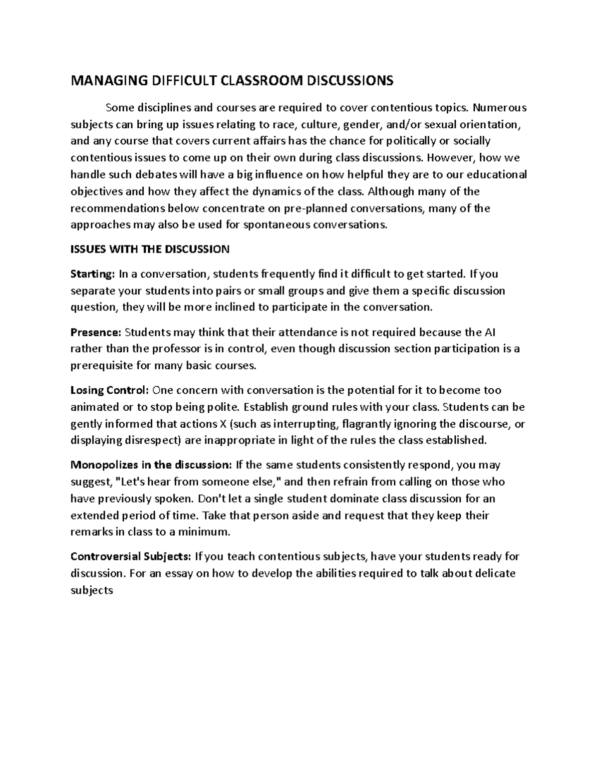 Managing Difficult Classroom Discussions - MANAGING DIFFICULT CLASSROOM ...