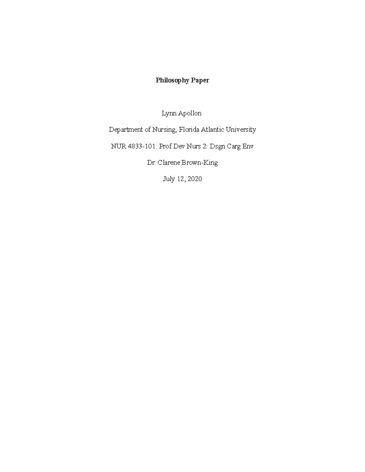 Philosophy Paper - fau - Philosophy Paper Lynn Apollon Department of ...