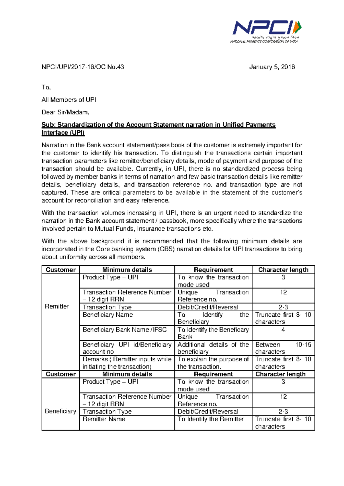 UPI - Circular No.43 1 - NPCI/UPI/2017-18/OC No January 5, 2018 To, All Members of UPI Dear ...