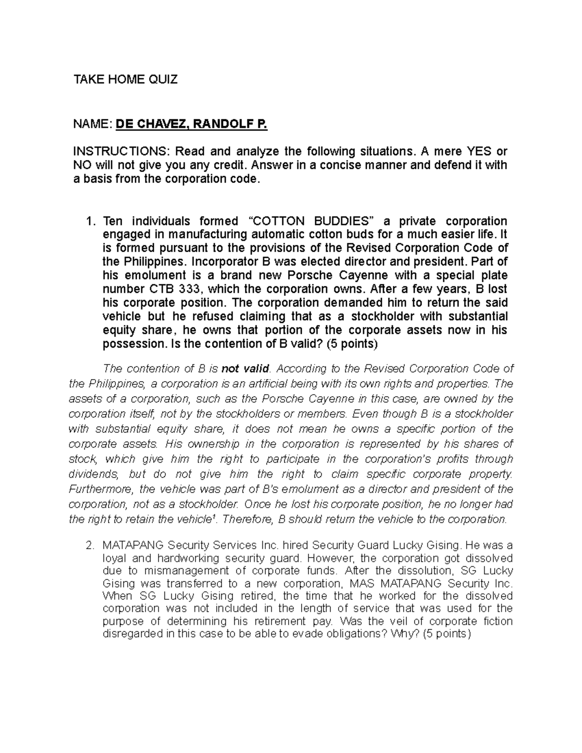 TAKE HOME QUIZ De Chavez Final - TAKE HOME QUIZ NAME: DE CHAVEZ ...