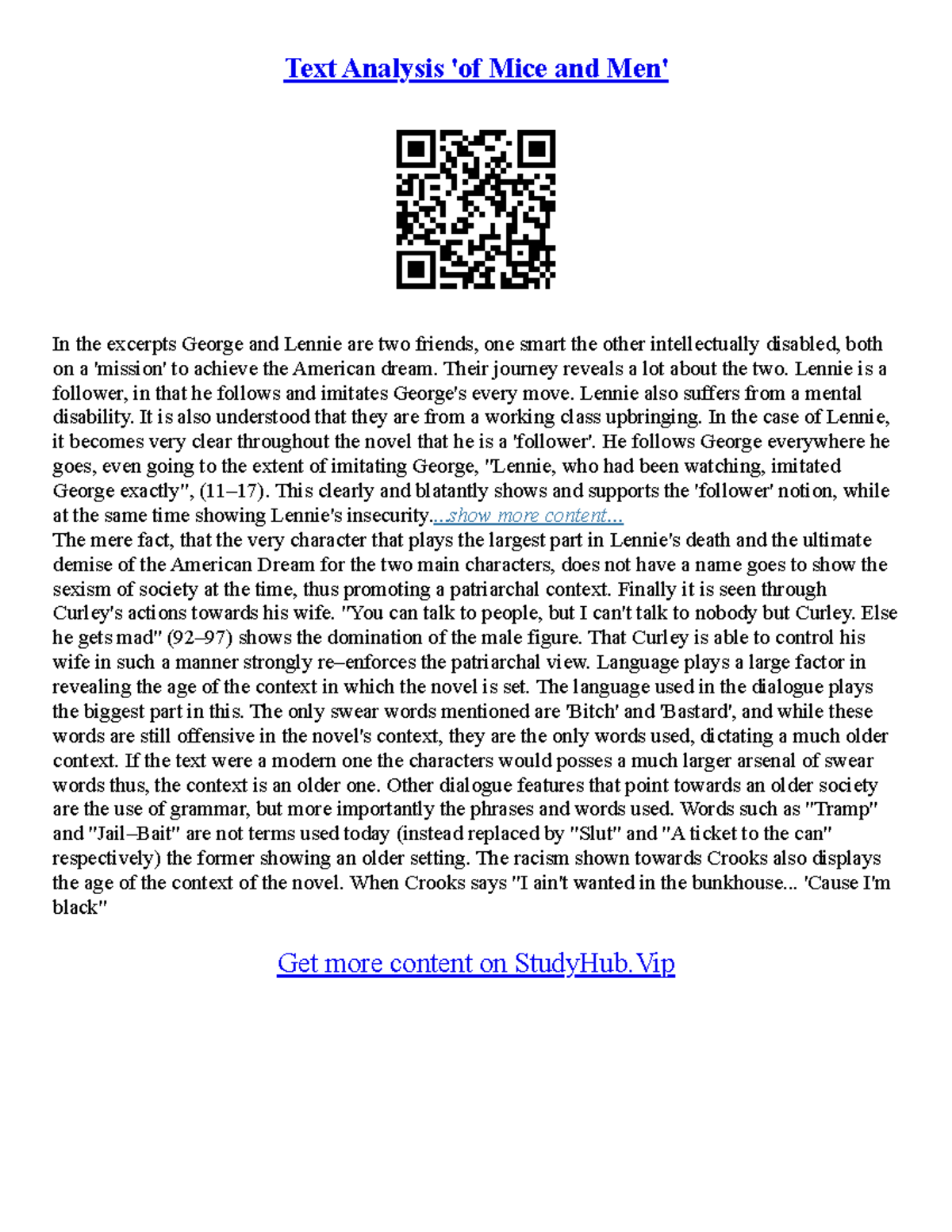 Of Mice And Men Literary Analysis Essay - Text Analysis 'of Mice and ...