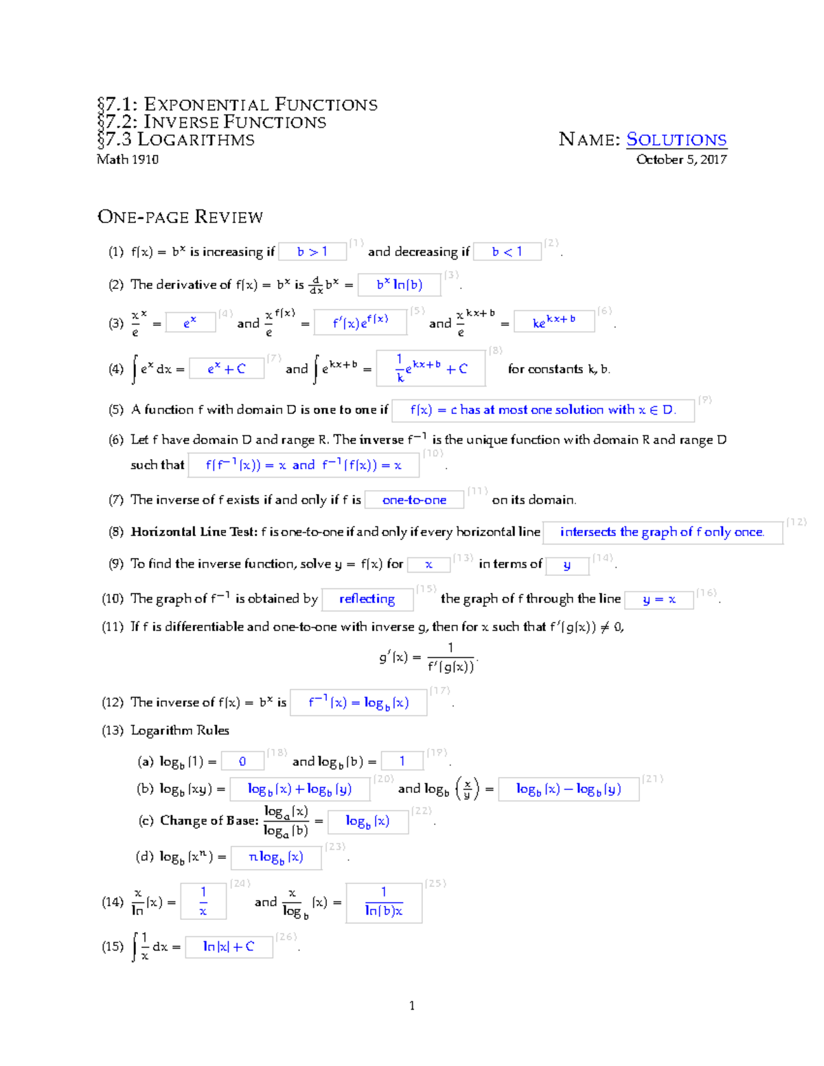 1910fa17-recitation 08-solutions - §7: EXPONENTIAL FUNCTIONS §7 ...