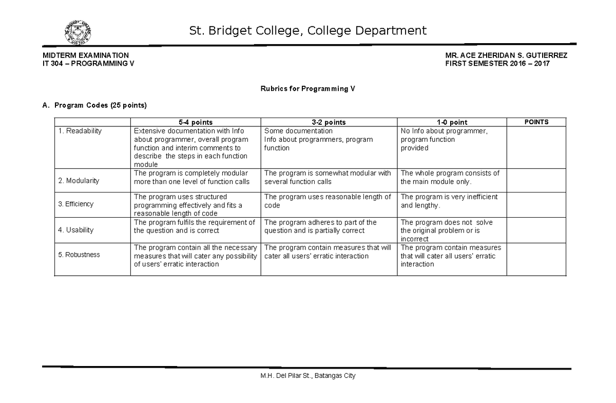 Programming- Rubrics - Learning instructions. - St. Bridget College ...