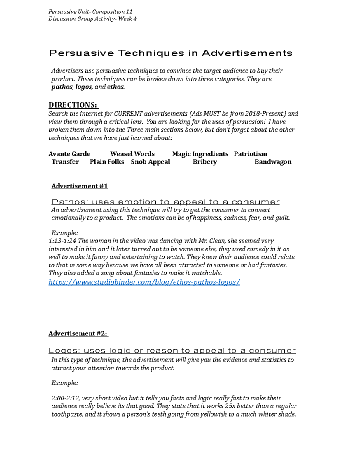 Persuasion in Advertisements Discussion Group - Persuasive Unit ...