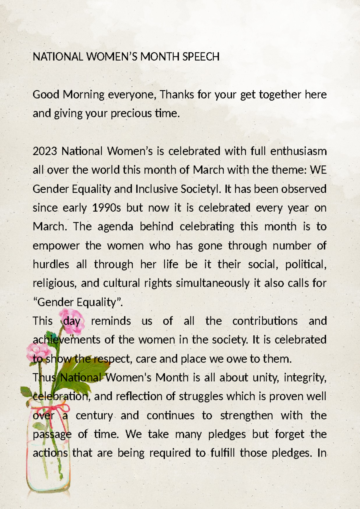 Women's Month Speech - NATIONAL WOMEN’S MONTH SPEECH Good Morning ...
