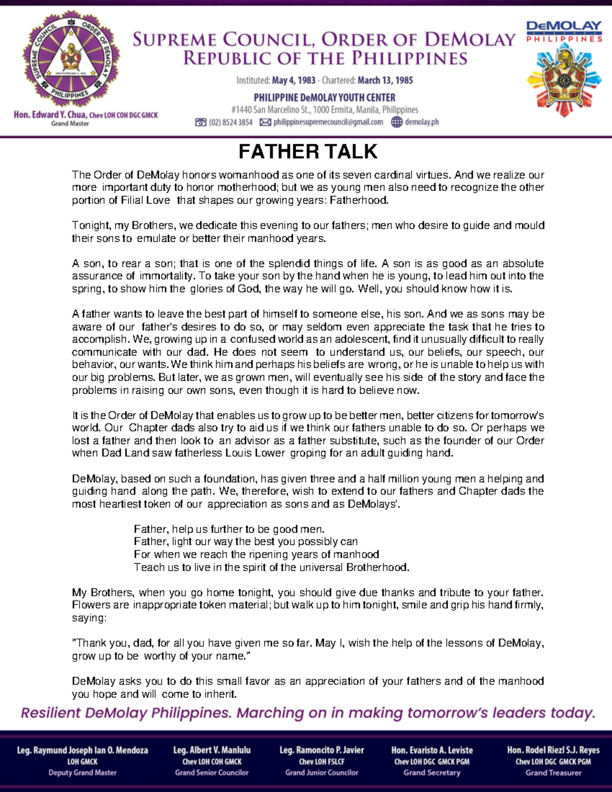 Attached C Father Talk - bbbbbbbbbbbbbbbbbbbbbbbbbbbbb - [Type here] FATHER TALK The Order of ...