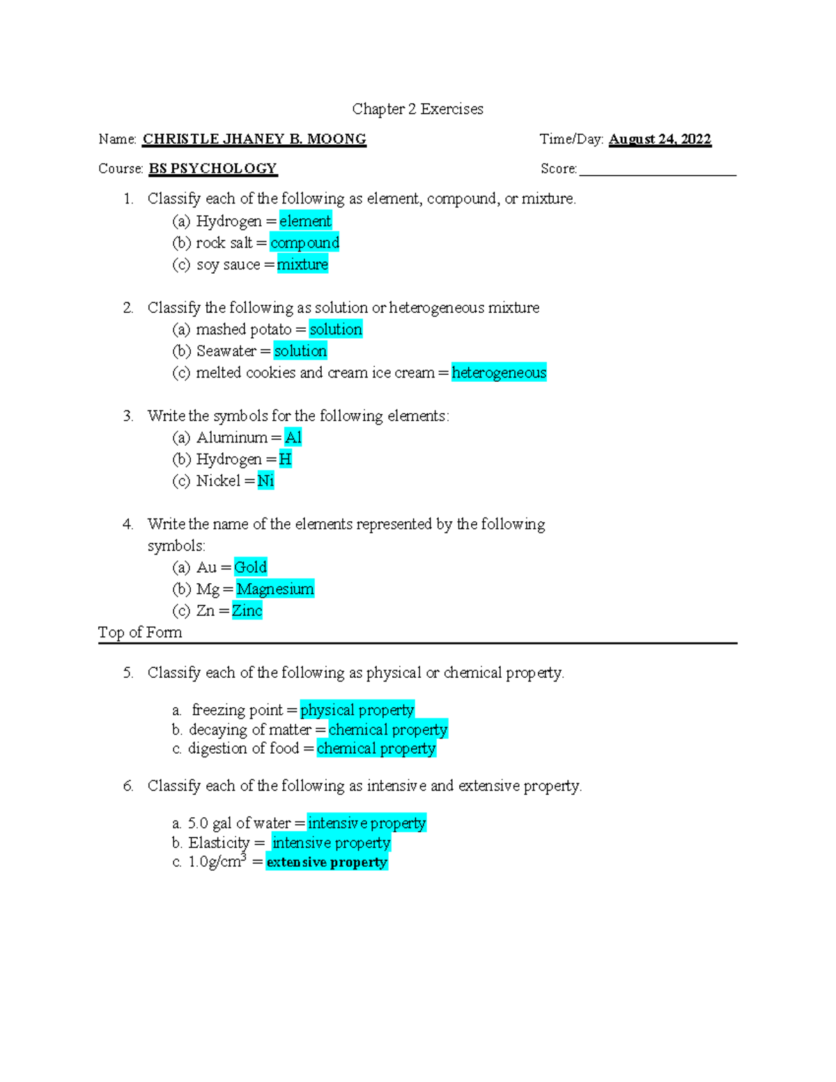 Moong-CAS-06-103P PE 1 Classification of Matter - Chapter 2 Exercises ...