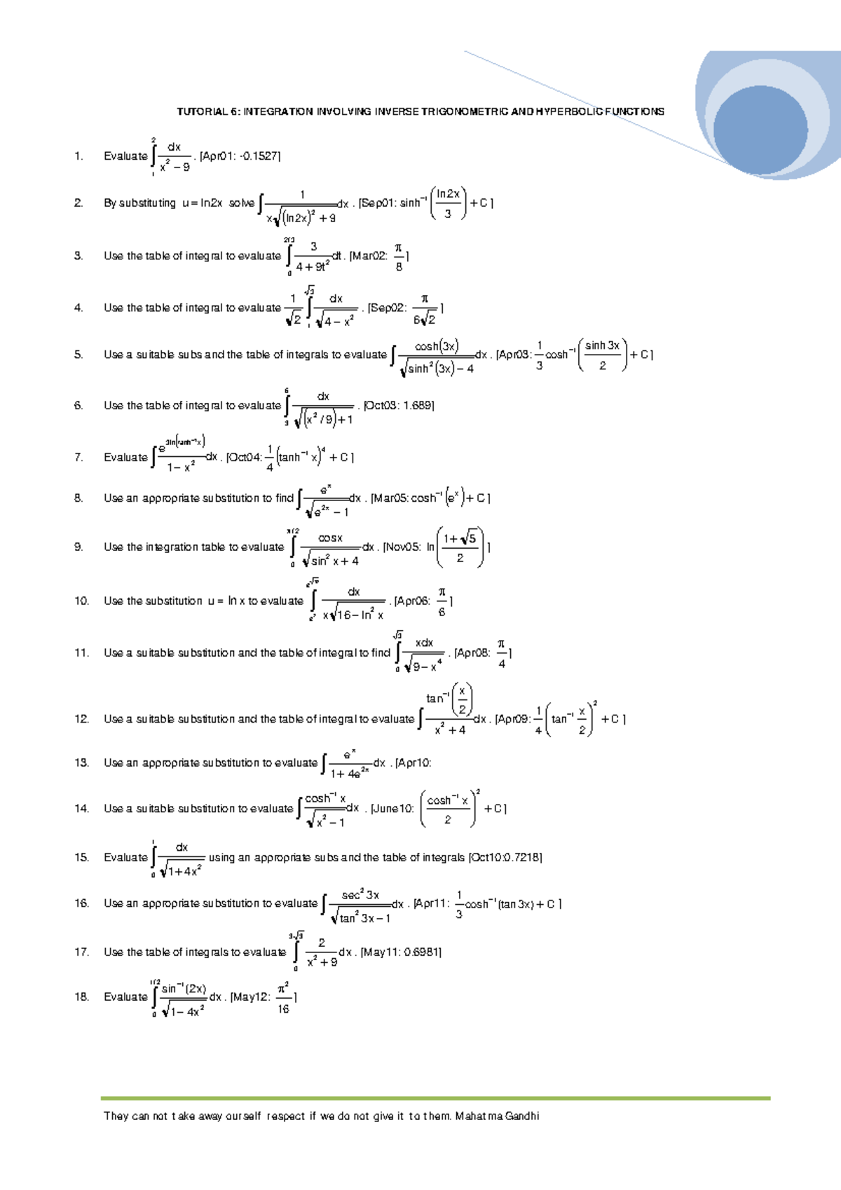 Tutor 6 INT Inverse Trigo - They can not t ake away our self r espect if we do not give it t o t ...