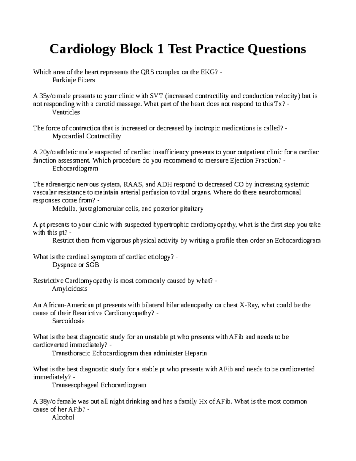 Cardiology Block 1 Test Practice Questions - Cardiology Block 1 Test ...