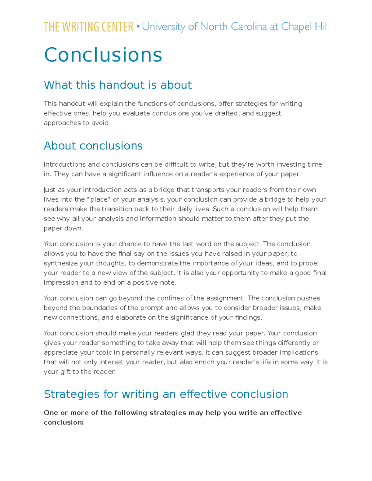 Conclusions - Conclusion worksheet - Conclusions What this handout is ...