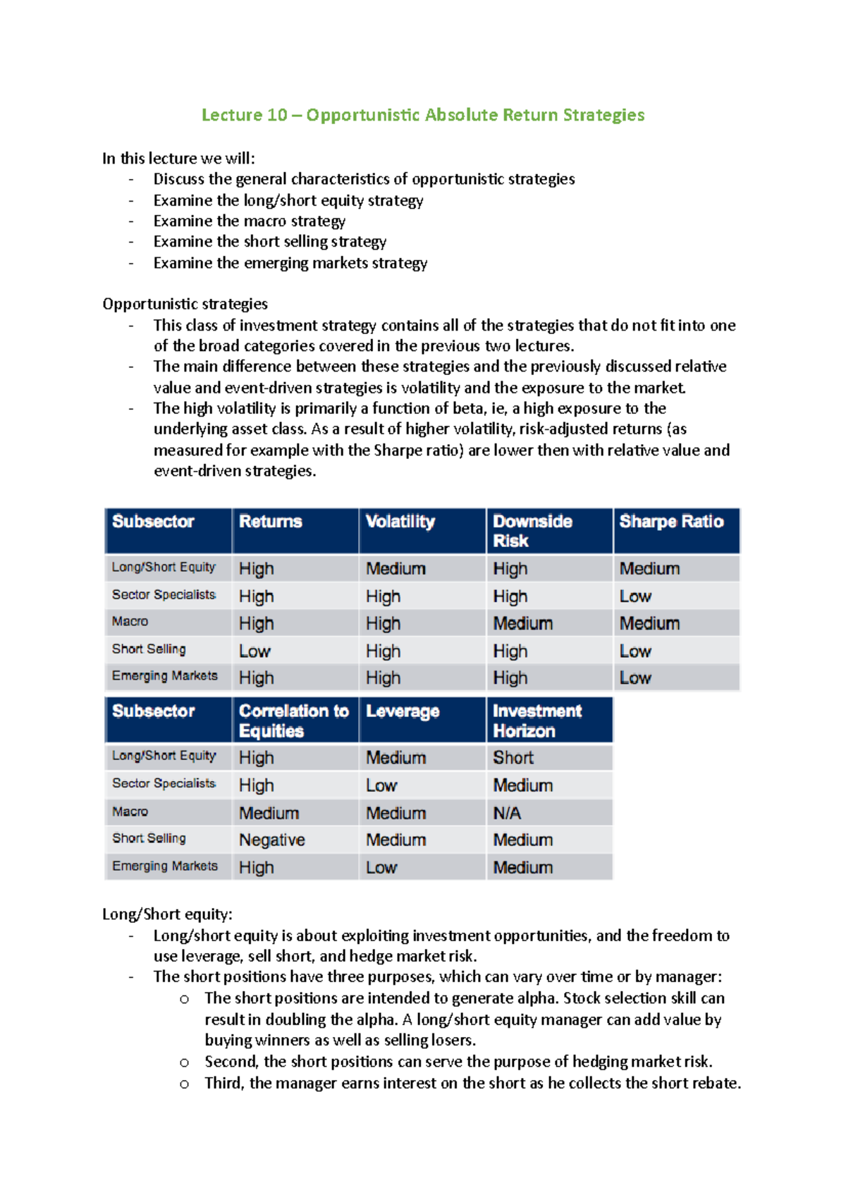 Lecture 10 – Opportunistic Absolute Return Strategies - Lecture 10 ...